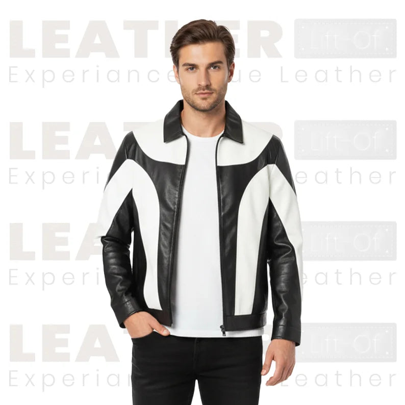 Men's Y2K PU Leather Color-Block Motorcycle Jacket – Black & White Str ...